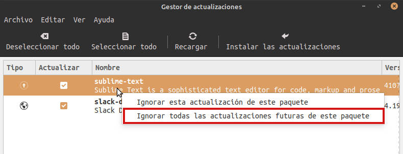 Eliminar de las actualizaciones una aplicación en Linux Mint